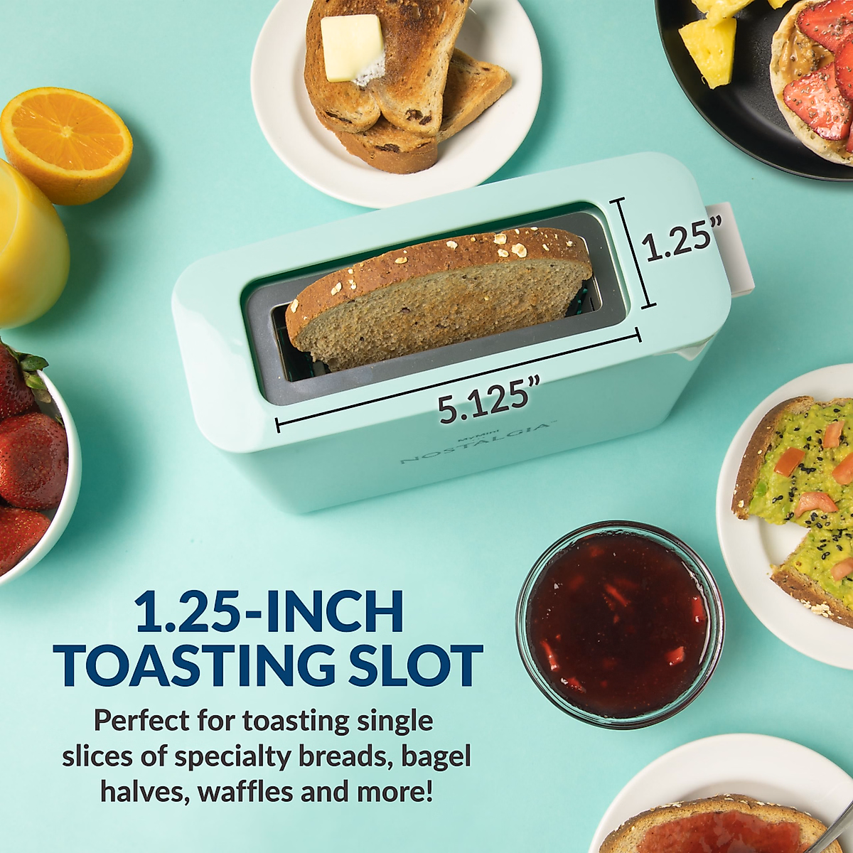 Nostalgia MyMini Single Slice Toaster, Extra Wide Slot, Adjustable Temperature, Removable Crumb Tray, Aqua