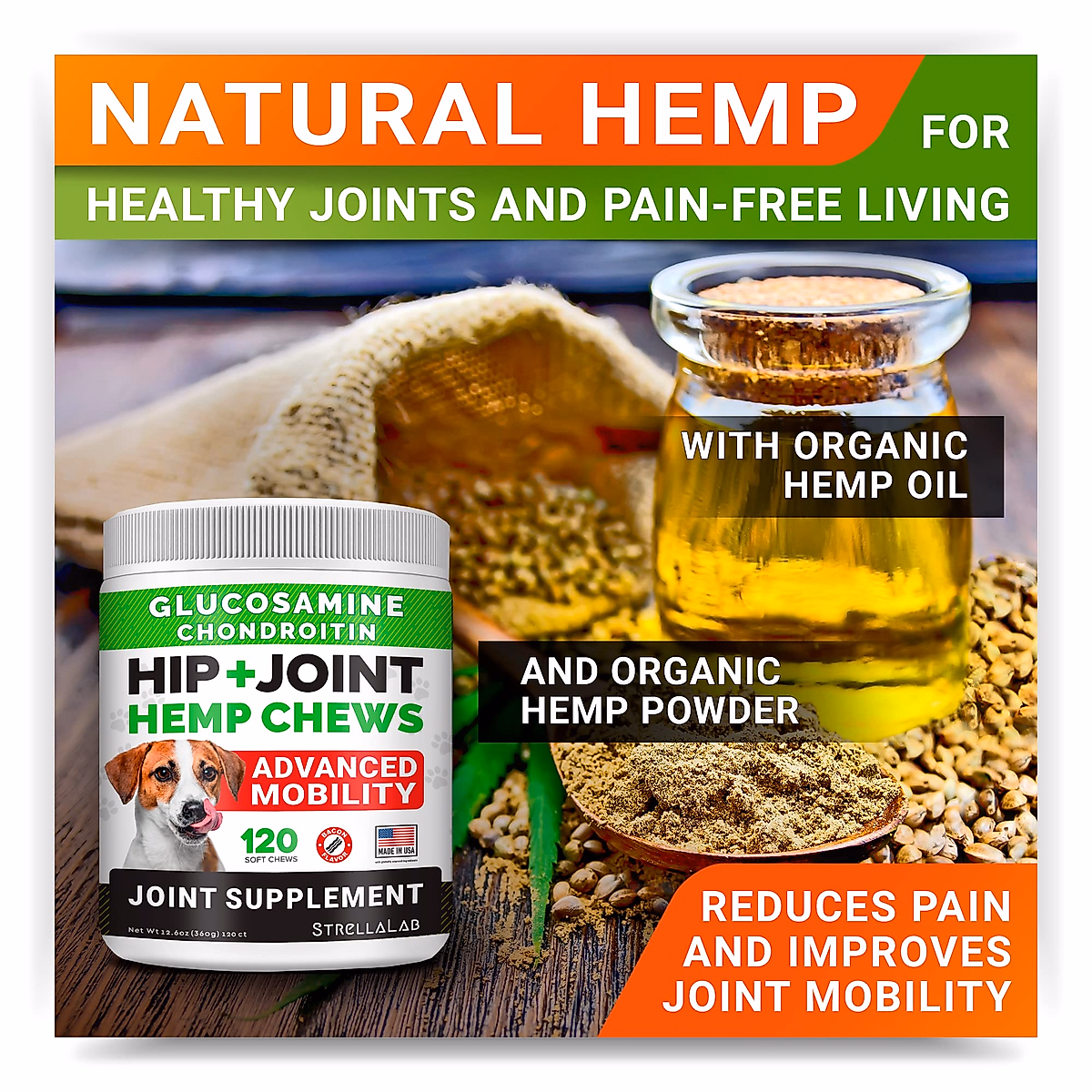 Large Breed Hemp + Glucosamine Dog Joint Supplement - Hemp Chews for Dogs Hip Joint Pain Relief - Omega 3, Chondroitin, MSM - Advanced Mobility Hemp Oil Treats for Large Dogs - Made in USA - 240 Ct