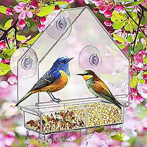 Window Bird Feeder for Outside with 3 Strong Suction Cups,Acrylic Transparent Bird Feeder Sliding Tray and Drain Holes,Easy to Clean and Fill,Clear Acrylic for Bird Viewing by Meiyiu