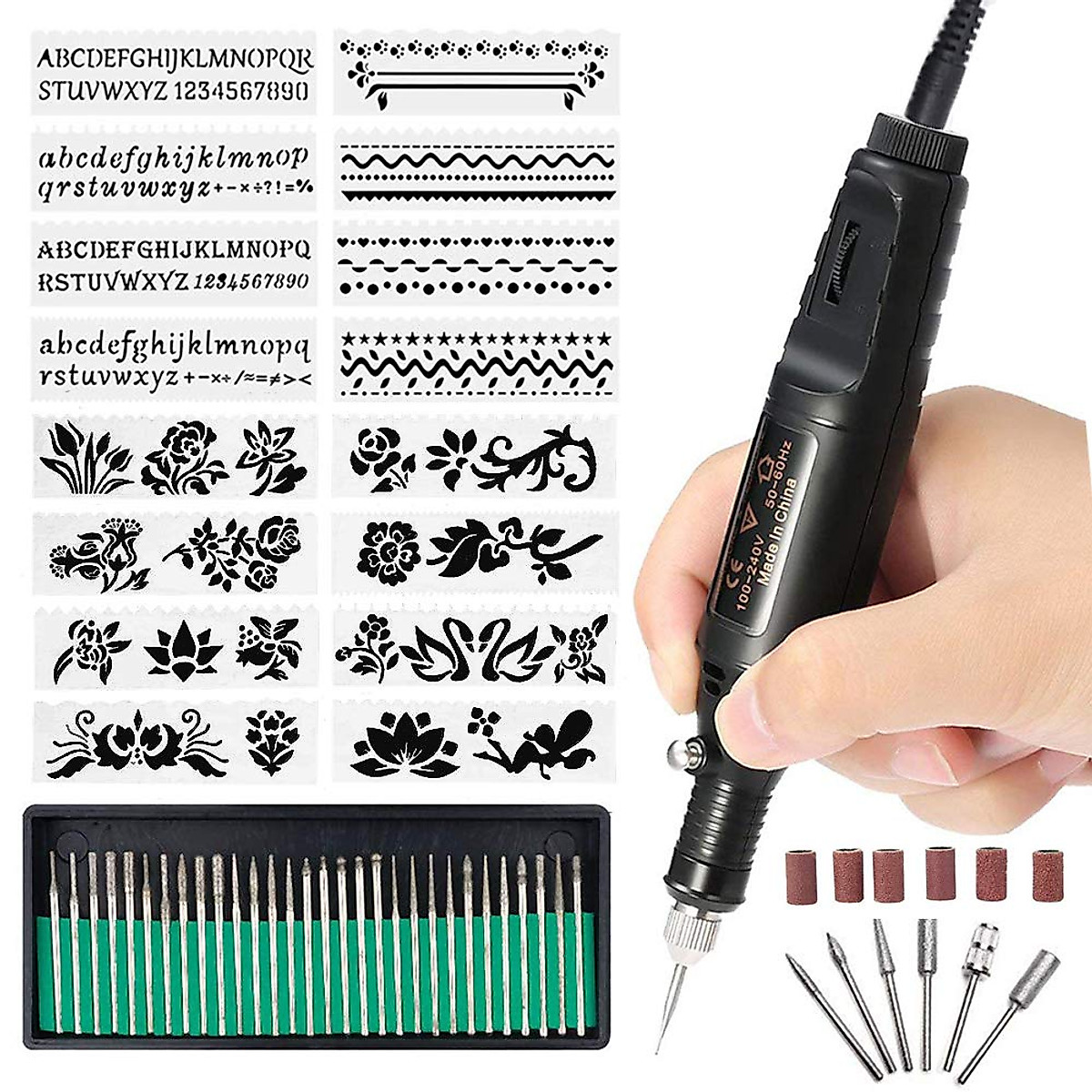 AxPower Electric Micro Engraver Pen Mini DIY Vibro Engraving Tool Kit for Glass Ceramic Plastic Wood Jewelry with Scriber Etcher 30 Bits and 6 Polishing Head and 16 Stencils