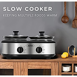 Sunvivi Dual Pot Slow Cooker, 2 Pot Small Mini Crock Buffet Server and Warmer, Double Pot Buffet Food Warmer Adjustable Temp Lid Rests Stainless Steel, Total 2.5 Quarts