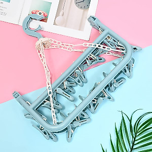 Clothes Drying Racks Foldable Clip Hangers Drip Hanger Plastic with 32 Drying Clips Wind-Proof Hook Underwear Hanger with Clips Plastic Laundry Clip for Socks Bras