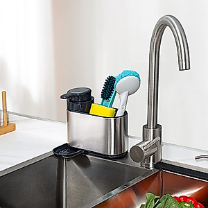 SDlumeiy Stainless Steel and Plastic Soap Dispenser with Sink Caddy, Stainless Steel Sponge Holder, Brush Holder, Kitchen Sink Organizer 7x5x6.4 inches Silver Gray