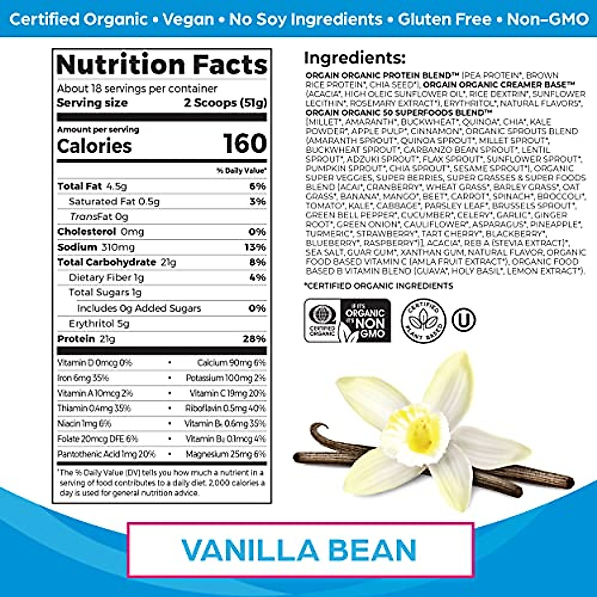 Orgain Organic Protein + Superfoods Powder, Vanilla Bean - 21g of Protein, Vegan, Plant Based, 5g of Fiber, No Dairy, Gluten, Soy or Added Sugar, Non-GMO, 2.02lb