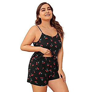 Floerns Women's Plus Size Cherry Print Cami Top and Shorts Pajama Sets A-Black 2XL