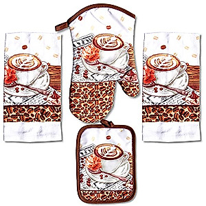 Lobyn Value Packs - 2 Coffee Kitchen Dish Towels, Matching Potholder & Oven Mitt Linen Set Steaming Style for Your Kitchen Decor Featuring Cafe Themes