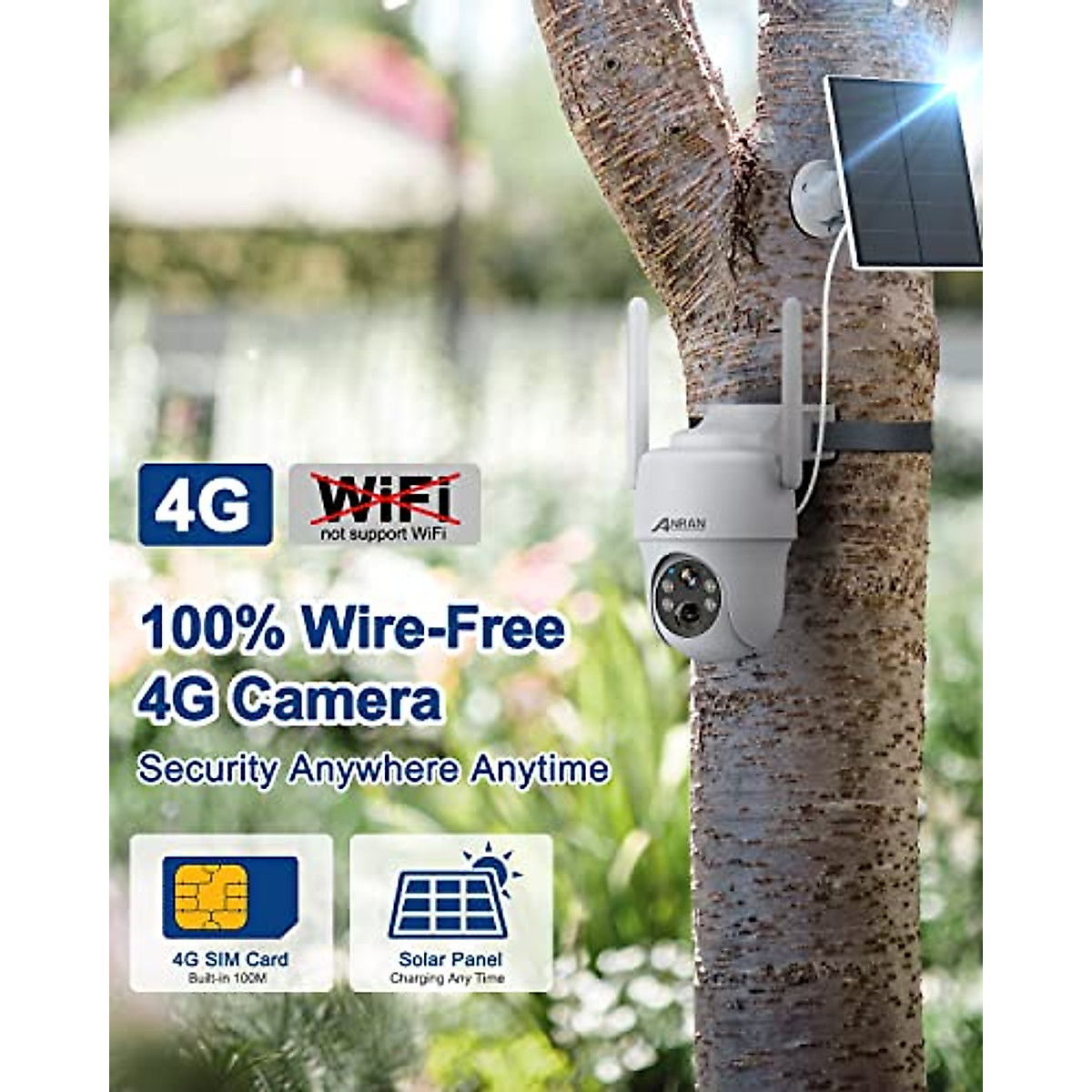 ANRAN 3/4G LTE Cellular Security Camera Outdoor Wireless, Solar Cellular Camera No WiFi Needed Pan Tilt 360°View, Smart Motion Activated, SIM&SD Card Included, 2K HD, PIR Human Detection, G01 (White)
