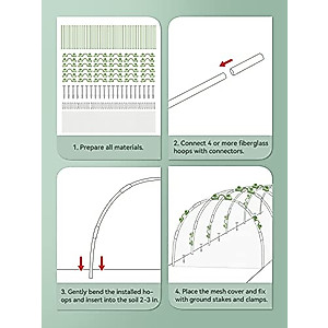 50Pcs 17in Greenhouse Hoops Kit with 9.8 x 29.5 ft Plant Cover Netting, Detachable Fiberglass Grow Tunnel Frame for DIY Plant Support Indoor Outdoor Garden Raised Bed