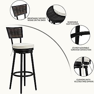 Sports Festival Outdoor Bar Stools Set of 4 Upholstered Bistro 360° Swivel Seat Top Armless Chairs with Woven Wicker, Steel Frame and Removable Seat Cushion for Kitchen Counter, Rustic Brown and Black