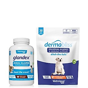 Vetnique Labs Dermabliss Seasonal Dog Allergy Chews (30ct) Glandex Anal Gland Support Powder with Pumpkin for Dogs (5.5oz Pork) Bundle