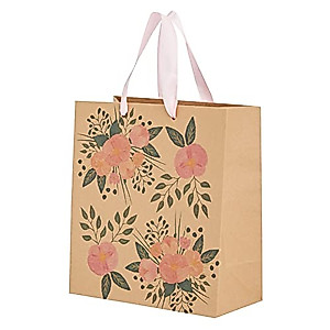 24 Pack Reusable Kraft Paper Floral Gift Bags with Pink Ribbon Handles for Party Favors, Mothers Day, Weddings, Birthday Celebration, Baby Shower, 2 Designs (9 x 8 In)