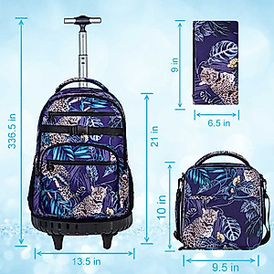 ZLYERT 3PCS Rolling Backpack for Girls, Travel Wheeled Backpacks for Adults, Teens College Roller Bookbag with Wheels for Women - Blue