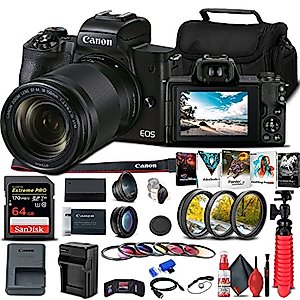 Canon EOS M50 Mark II Mirrorless Camera with EF-M 18-150mm is STM Lens (4728C001), 64GB Memory Card, Color Filter Kit, Filter Kit, LPE12 Battery, External Charger, Card Reader + More (Renewed)