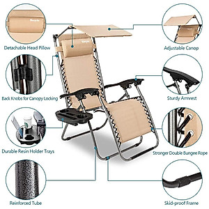 Bonnlo Zero Gravity Chair with Canopy Shade Patio Sunshade Lounge Chair, Folding Chair with Canopy Reclining Canopy Chairs with Cup Holder and Headrest for Beach Garden (Khaki)