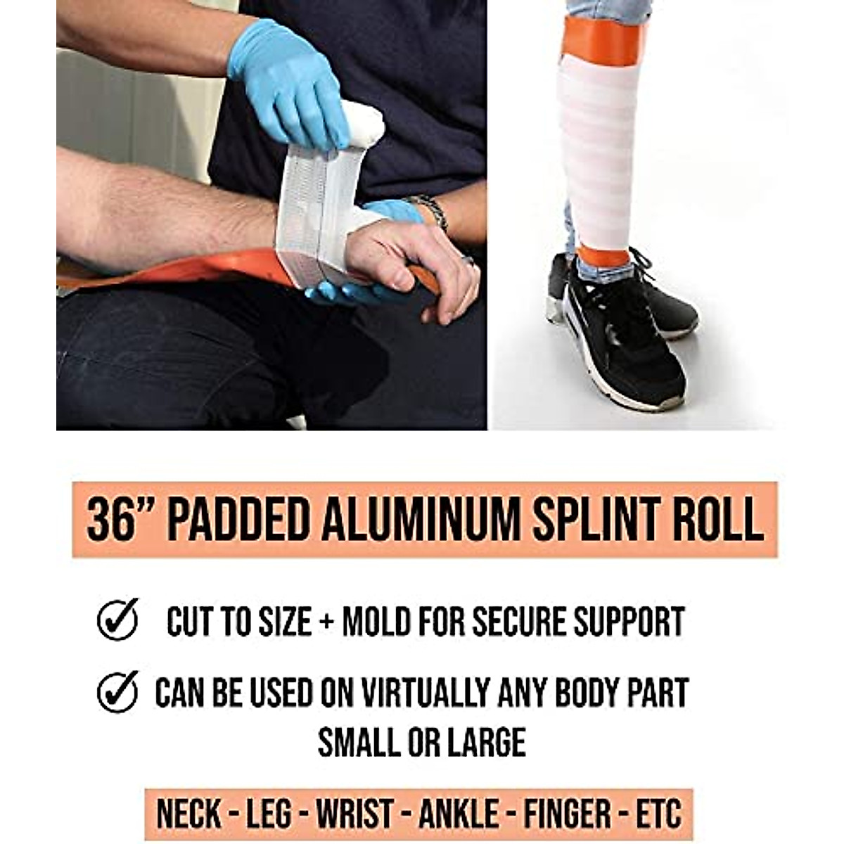 ASA TECHMED 36" Emergency Aluminum Splint Adjustable, Lightweight, Durable, Waterproof, and Reusable (Orange, 2 Rolls)