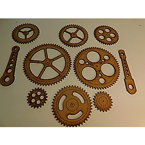 Steampunk Gears Wall Decor - Eight Gears, Two Push Rods - UNFINISHED - Free Shipping - Wood Gears