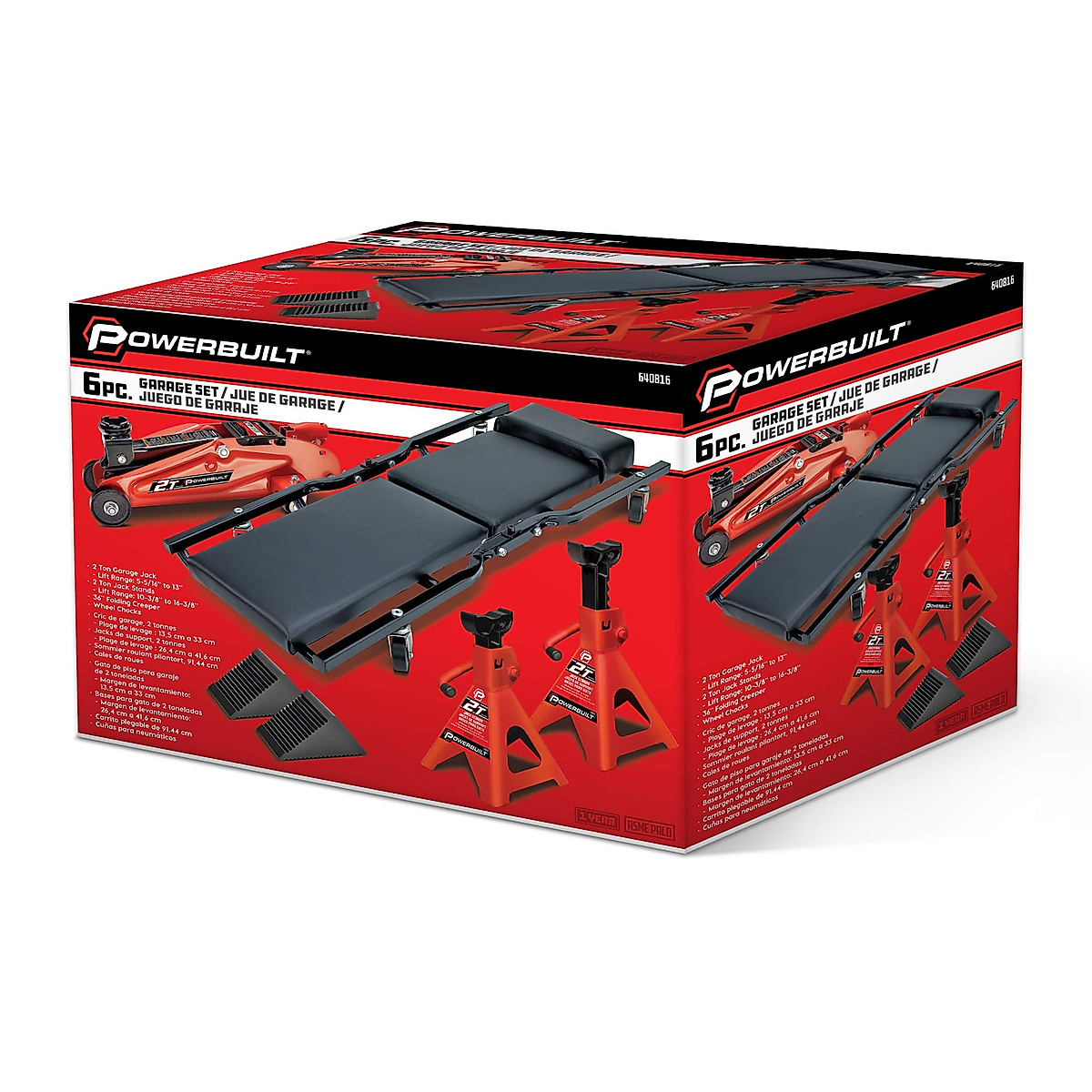 Powerbuilt 6 Piece Car Jack and Garage Creeper Service Set, 2 Ton Vehicle Lift, Jackstands, Folding Creeper, Wheel Chocks, Car Repair Garage Equipment - 640816, Large, Red