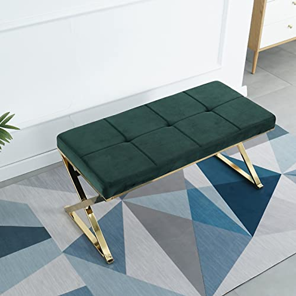 GYZAD Modern Sofa Bench-Turquoise Bench Bench-Dining Room Bench-with Stainless Steel and Velvet Ottaman,Bench Chair,Benches for Bedroom,Livingroom,Metal,Gold Plated Legs,Green
