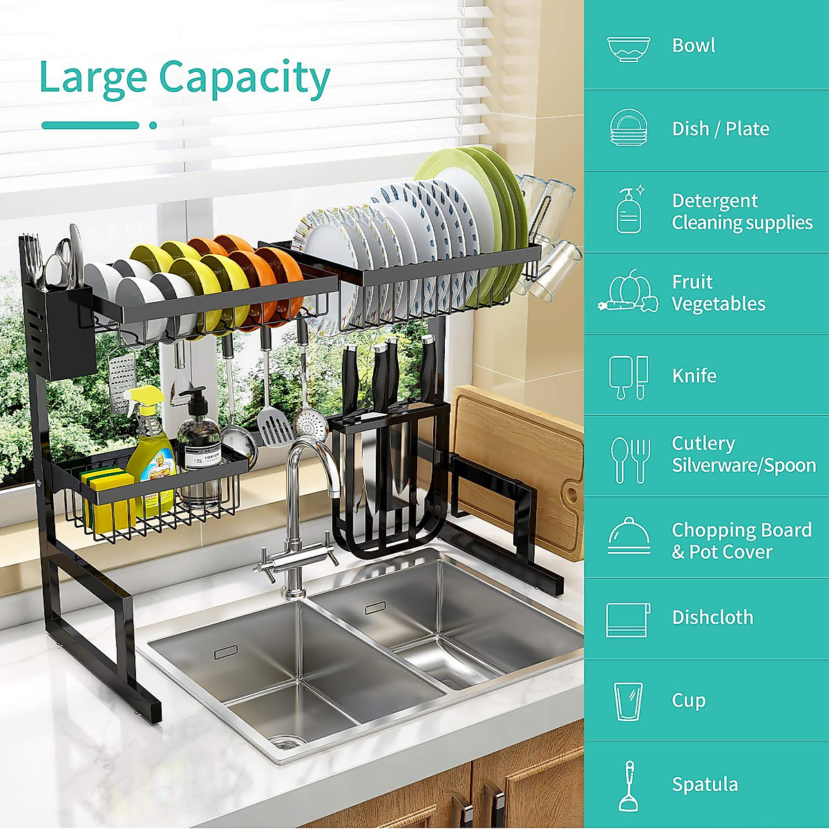 Over The Sink Dish Drying Rack Adjustable (25.6"-33.5"), 2 Tier Stainless Steel Dish Rack Drainer, Large Dish Rack Over Sink for Kitchen Counter Organizer Storage Space Saver with 10 Utility Hooks