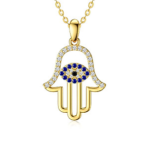 Hamsa Hand Pendant Necklace for Women, Real 14K Gold Evil Eye Pendant with Shiny Sapphire Lucky Protection Jewelry for Her, Wife, Mom, Girlfriend, 18"
