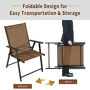 SJGUOJI Patio Folding Chairs Set of 4, Outdoor Lawn Chairs with Rustproof Metal Frame, Portable Dining Chairs for Porch, Deck, Garden, Backyard, Camping（Brown）