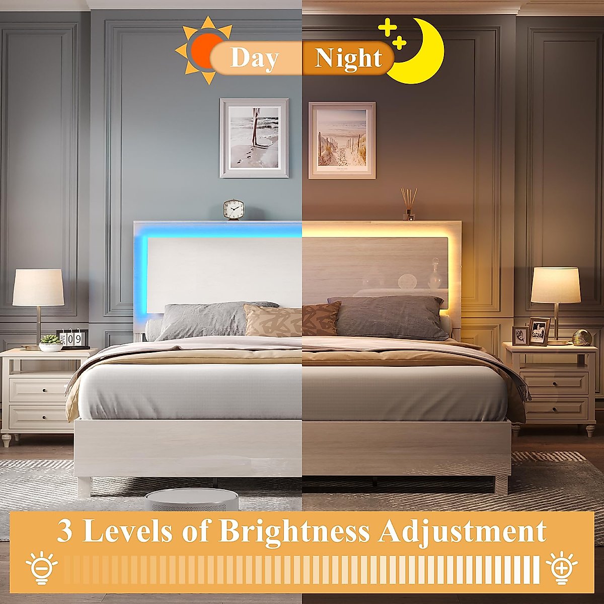 LUXOAK High Gloss Bed Frame with LED Headboard, Queen Platform Bed with Unique Floating Ergonomic Headboard Design, No Box Spring Needed, Easy Assembly, Beige