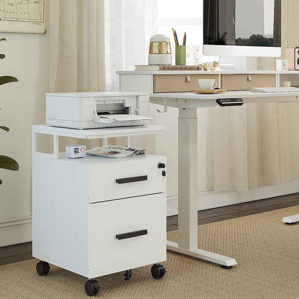 FEZIBO 2-Drawer File Cabinet with Lock for Home Office, Rolling Filing Cabinet, Under Desk Home Office File Cabinet for A4, Letter Size, Printer Stand, Wooden Storage Mobile File Cabinet, White