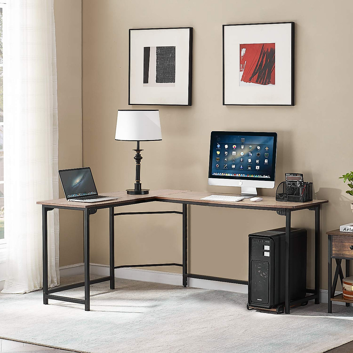 VECELO L-Shaped Corner Computer Desks with CPU Stand Study Writing Table Workstation Gaming Computer Desk for Home Office,Oak