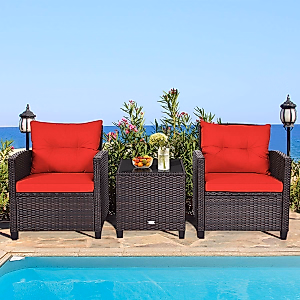 LDAILY Patio Furniture Set, 3 Pieces PE Rattan Wicker Patio Sofa Chairs with Washable Cushion & Glass Table, Outdoor Furniture Conversation Sets for Porch, Balcony, Garden, Poolside (Red)