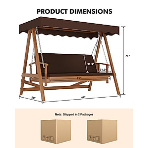 GarveeLife Wooden Patio Swing with Adjustable Canopy, 3-Seater Wood Patio Swing Bench with Removable Cushion, Patio Swing Glider with Flatbed for Backyard Garden Balcony Poolside, Brown