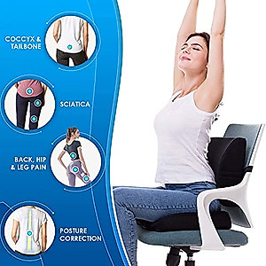Seat Cushion & Lumbar Support Pillow for Office Chair, Car, Wheelchair Memory Foam Desk Chair Cushion for Sciatica, Lower Back & Tailbone Pain Relief Desk Pad with Adjustable Strap 3D Washable Cover