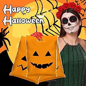 Locmeo 48 Pcs Large Plastic Halloween Pumpkin Gift Bags Bulk 12 x 15'' Halloween Trick or Treat Party Favors Bags with Handle Halloween Jack O Lantern Goodie Treat Bags for Halloween Party Decor