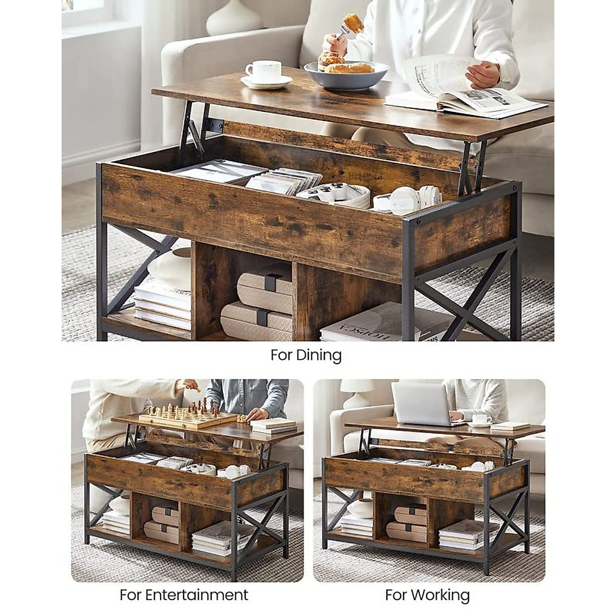 VASAGLE Lift Top Coffee Table for Living Room, Industrial Coffee Table with Hidden Compartments and Storage Shelf, Steel Frame, Rustic Brown and Black