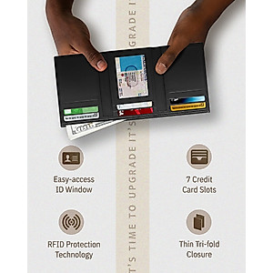 Genuine Leather Wallets For Men - Trifold Mens Wallet With ID Window RFID Blocking,Smooth Black