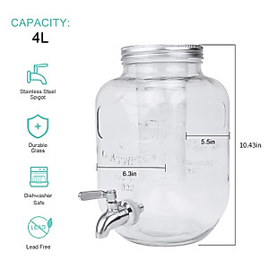 1 Gallon / 4000ml Clear Mason Jar With Lids, Airtight Glass Jars With Stainless Water Faucet and Ice Cylinder Perfect for Beer, Sun Tea, Coffee, Coke and Cold Drinks, 2 pack