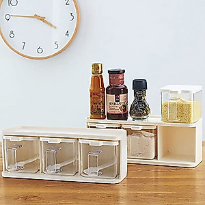 Hedume 2 Pack 3 Grids Clear Seasoning Box with Handle and Spoon, Seasoning Storage Container Rack Combo Set with Removable Cruet Jars for Spice Salt Sugar