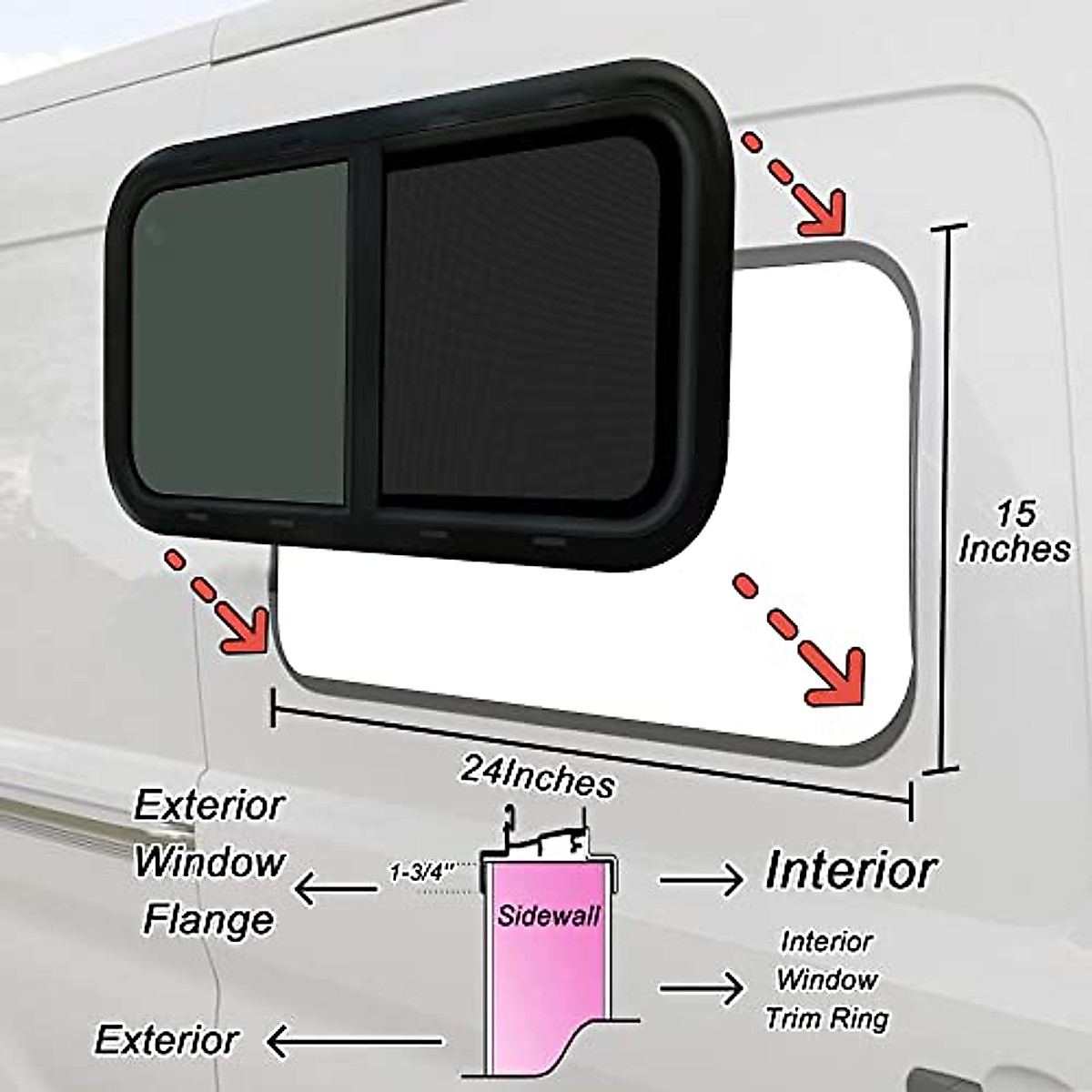 RV Murts Replacement RV Windows, 24" W x 15" H DOT Certification Qualified Horizontal Slide RV Windows for Replacement, Blast&Leaking Resistant Windows for Jayco Jay RV 1-3/4’’ Wall Thickness.