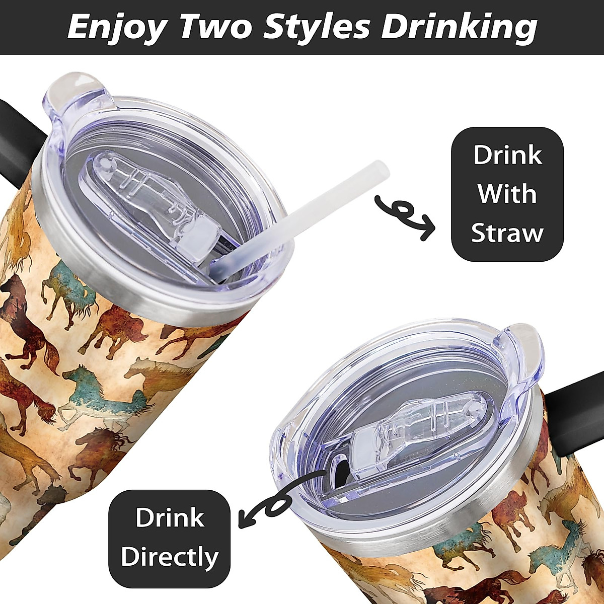 puhnhsv 30 oz Horse Tumbler With Handle and Straw, 30oz Insulated Stainless Horse Tumbler Coffee Travel Mugs Cup Water Bottle Horse Lovers Gifts for Women Girls