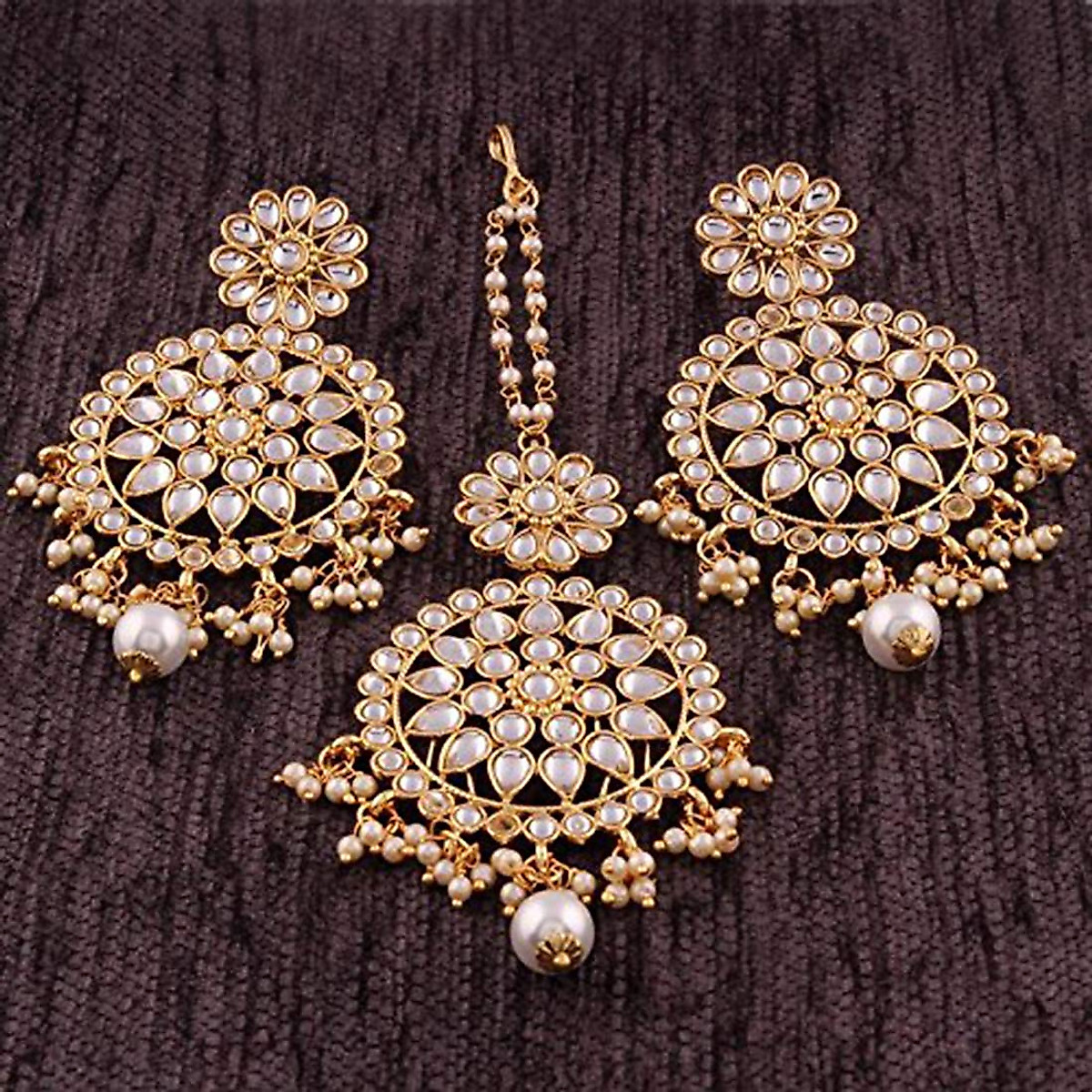 Aheli Ethnic Faux Kundan Drop Pearl Beads Dangle Earrings Maang Tikka Set Bollyood Wedding Party Fashion Jewelry for Women & Girls (White Drop Pearls)