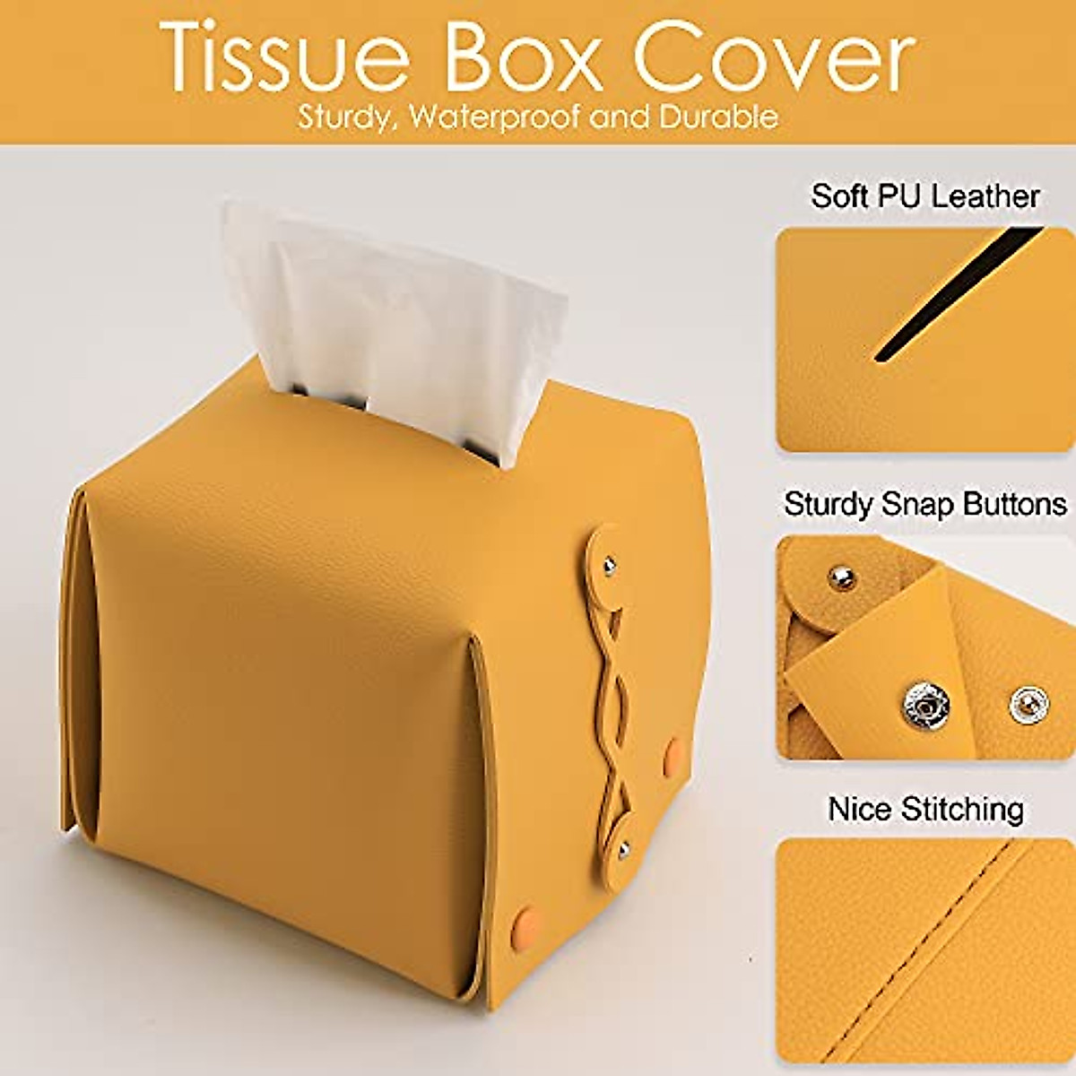 Kevancho Leather Tissue Box Cover Square, Tissue Box Holder Dispenser for Car, Home, Bathroom, Bedroom, Office, Night Stands, Desks and Tables (Yellow, Square)