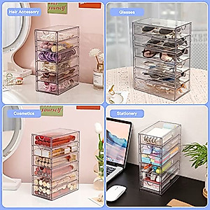 FABROK Clear Hair Accessory Organizer Box with 6 Drawers, Compact Storage Organization Drawers Set for Cosmetics, Glasses, Stationery, Stackable Storage Containers Box for Bathroom, Closet, Office