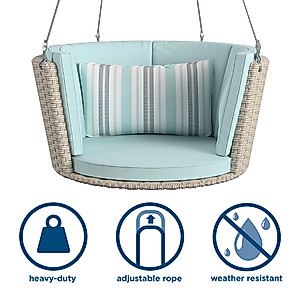Novogratz Poolside Gossip Collection, Sally Patio Swing, Aqua Haze Cushions, Light Taupe Wicker