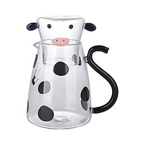 MISNODE Water Carafe Set Cartoon Cow Shape 550ml/1800ml Glass Jugs Sturdy Durable Bedside Carafe Glass Carafe For Bathroom Kitchen