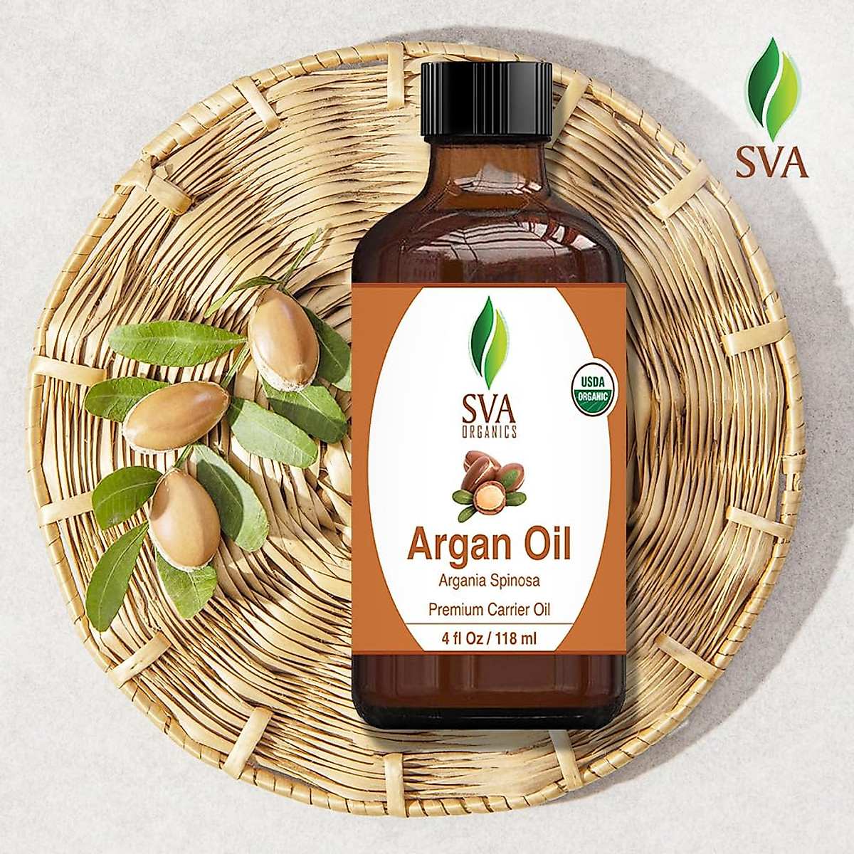 SVA Argan Oil Organic - 4 Fl Oz – 100% Natural Cold Pressed Organic Argan Oil - for Face, Skin Care, Hair Care, Scalp Massage & Body Massage – Carrier Oil with Dropper