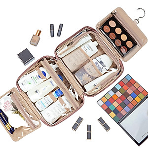 NISHEL Travel Toiletry Bag for Women Large Capacity, Makeup Essentials Organizer, Hanging Case for Accessories, Cosmetics, Rosewood-Pink