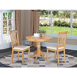 East West Furniture Antique 3 Piece Kitchen Set for Small Spaces Contains a Round Dining Room Table with Pedestal and 2 Faux Leather Upholstered Chairs, 36x36 Inch, Oak