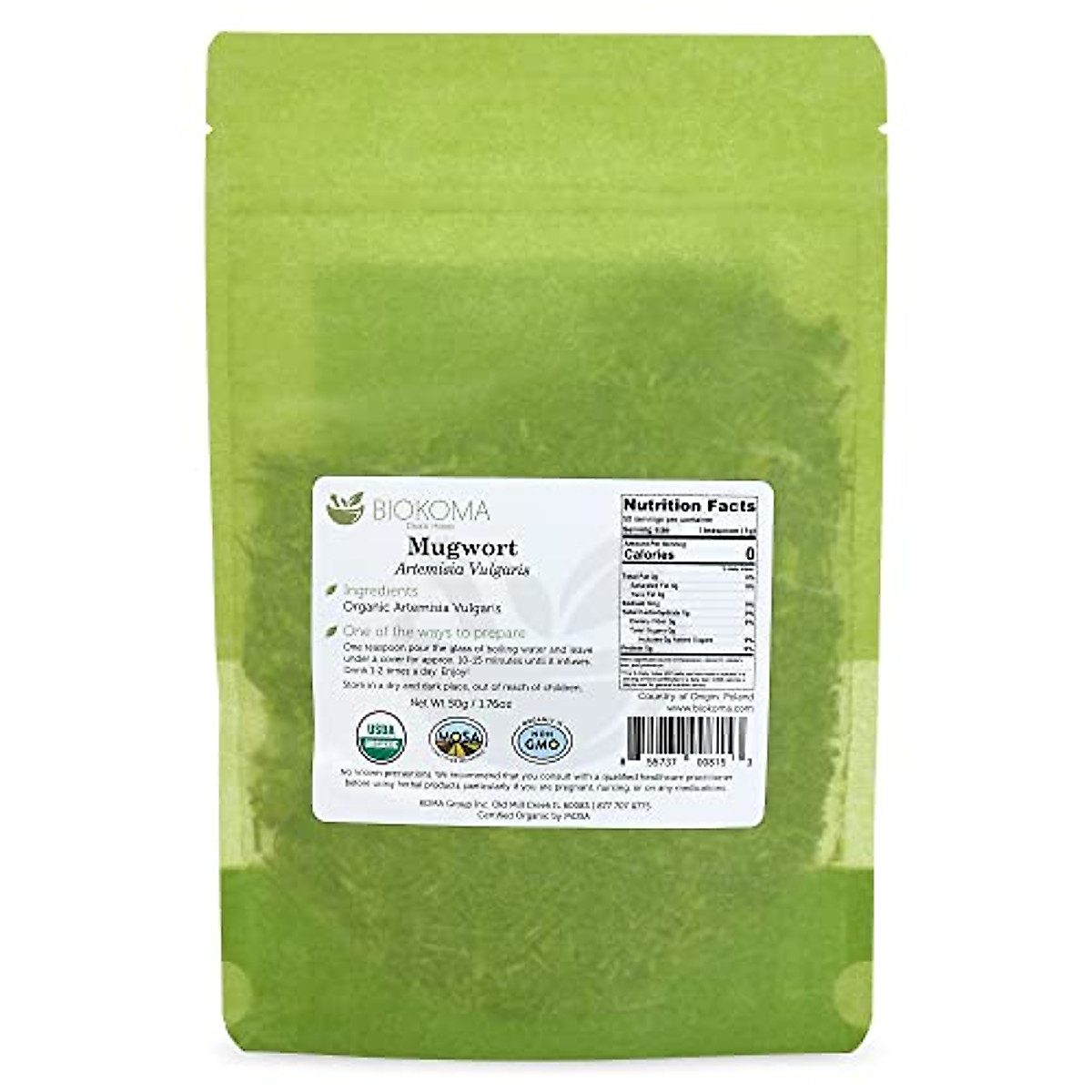 Biokoma Pure and Organic Mugwort Dried Herb 50g (1.76oz) In Resealable Moisture Proof Pouch, USDA Certified Organic - Herbal Tea, No Additives, No Preservatives, No GMO
