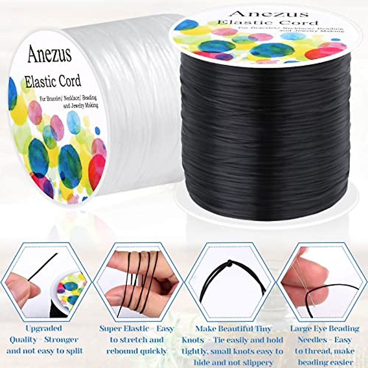 Stretchy String for Bracelets, Anezus 2Pcs Elastic String Jewelry Bead Cord with Large Eye Beading Needles for Seed Beads, Pony Beads, Clay Beads, Bracelet, Necklace and Jewelry Making, Black & White