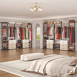 Cyclysio 96'' Heavy Duty Closet System, Large Wooden Garment Rack, Wall Mounted Walk-in Closet, Clothing Rack with Shelves, Closet Organizer System with Stool, 14 Shelves, 6 Drawers, 4 Rods, Black