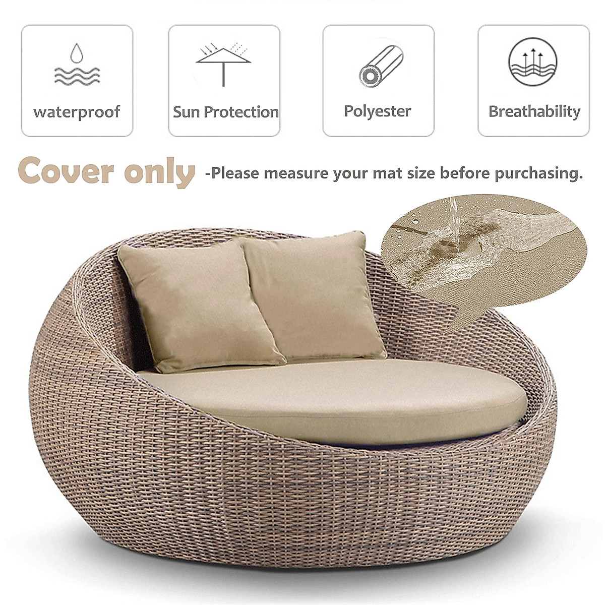 Sqodok Outdoor Daybed Cushion Cover 66" Patio Daybed Cushion Cover Waterproof with Elastic Band Outdoor Round Daybed Cushion Cover Replacement, Cover ONLY, Tan